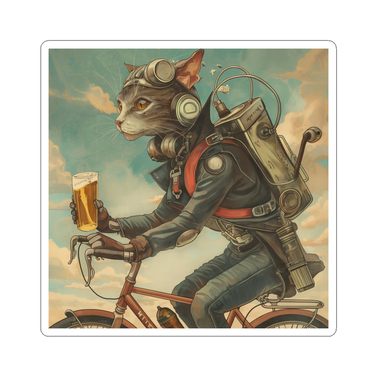 Bike Cat Robot Kiss-Cut Stickers, Whimsical Cat Art, Bike Riding Cat ...